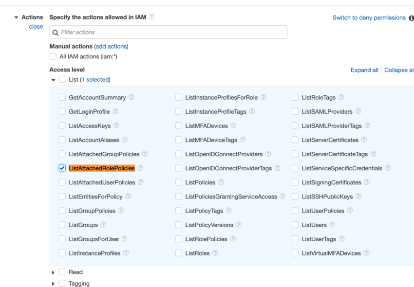 AWS user is not authorized to perform: iam: ListAttachedRolePolicies - Studyraft